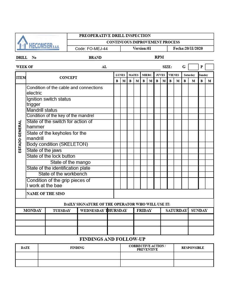 Preoperational Inspection Format for Drill | PDF