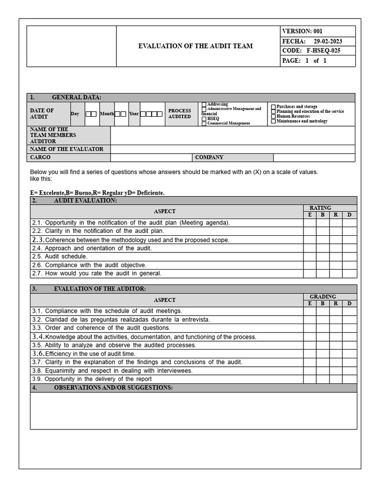 Audit Team Evaluation Form | PDF | Audit | Evaluation