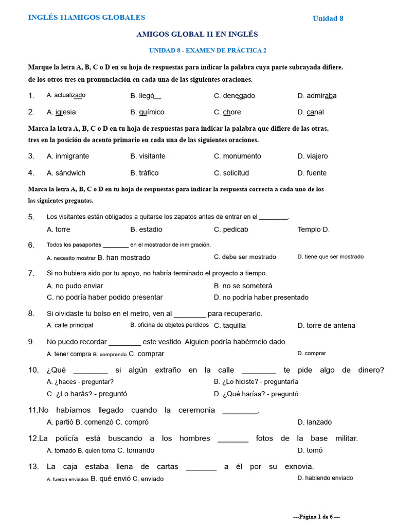 Inglés 11 Amigos Global - Unidad 8 - Prueba 2 (1) | PDF | Marte | Vida ...