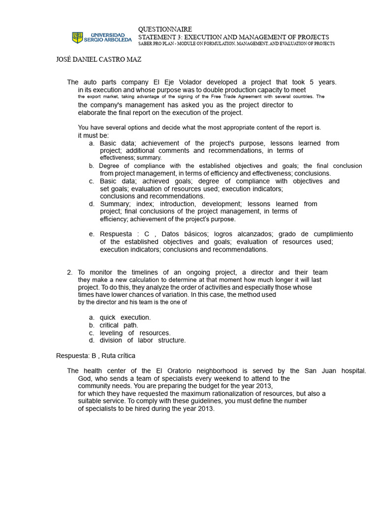 Questionnaire Execution and Management of Projects JOSE CASTRO | PDF ...