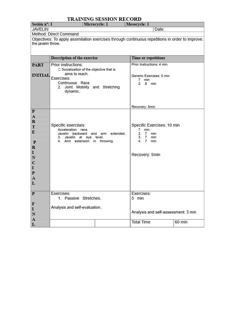 Javelin Training Session Sheet PDF | PDF