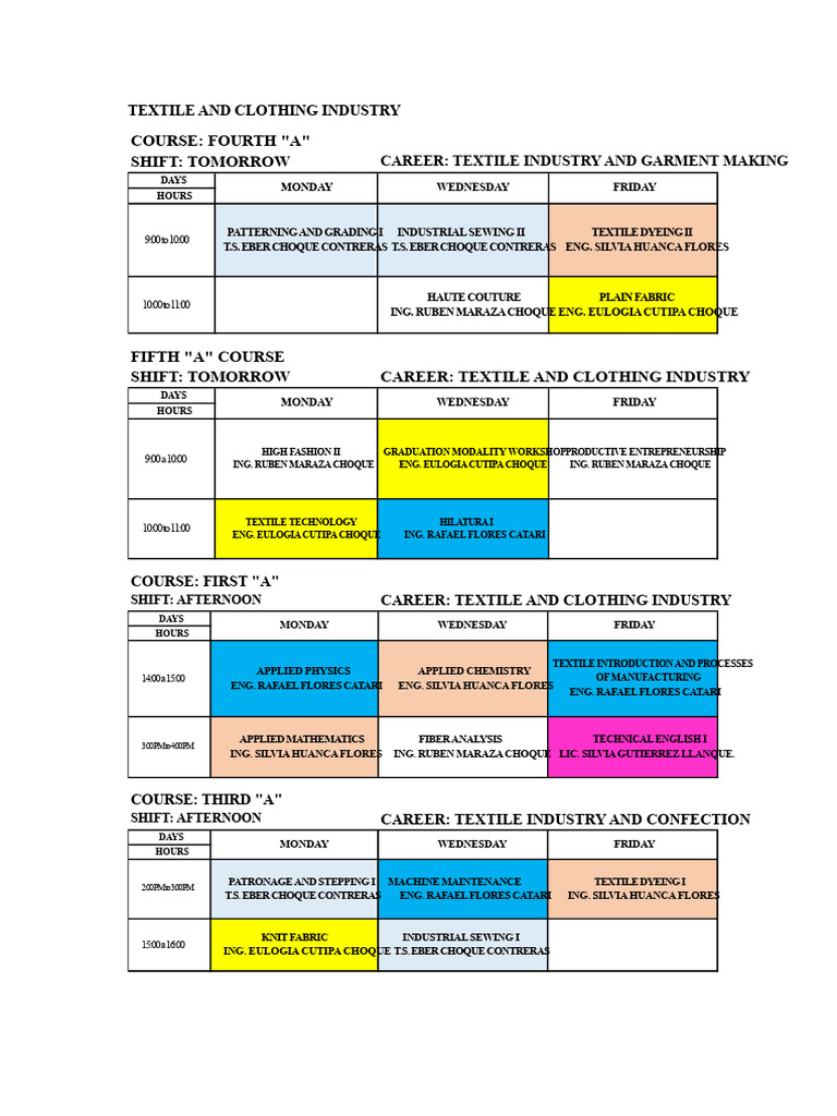 Textile Industry Course Schedule | PDF | Textiles | Clothing