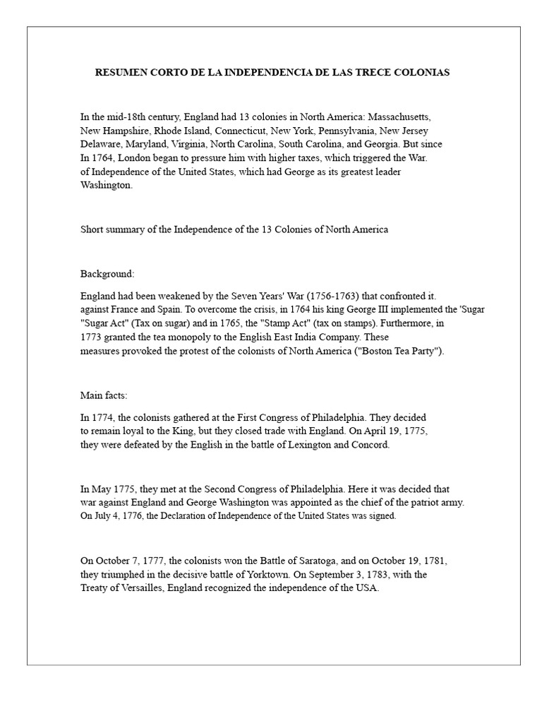 Short Summary of The Independence of The Thirteen Colonies | PDF | Thirteen Colonies | American ...