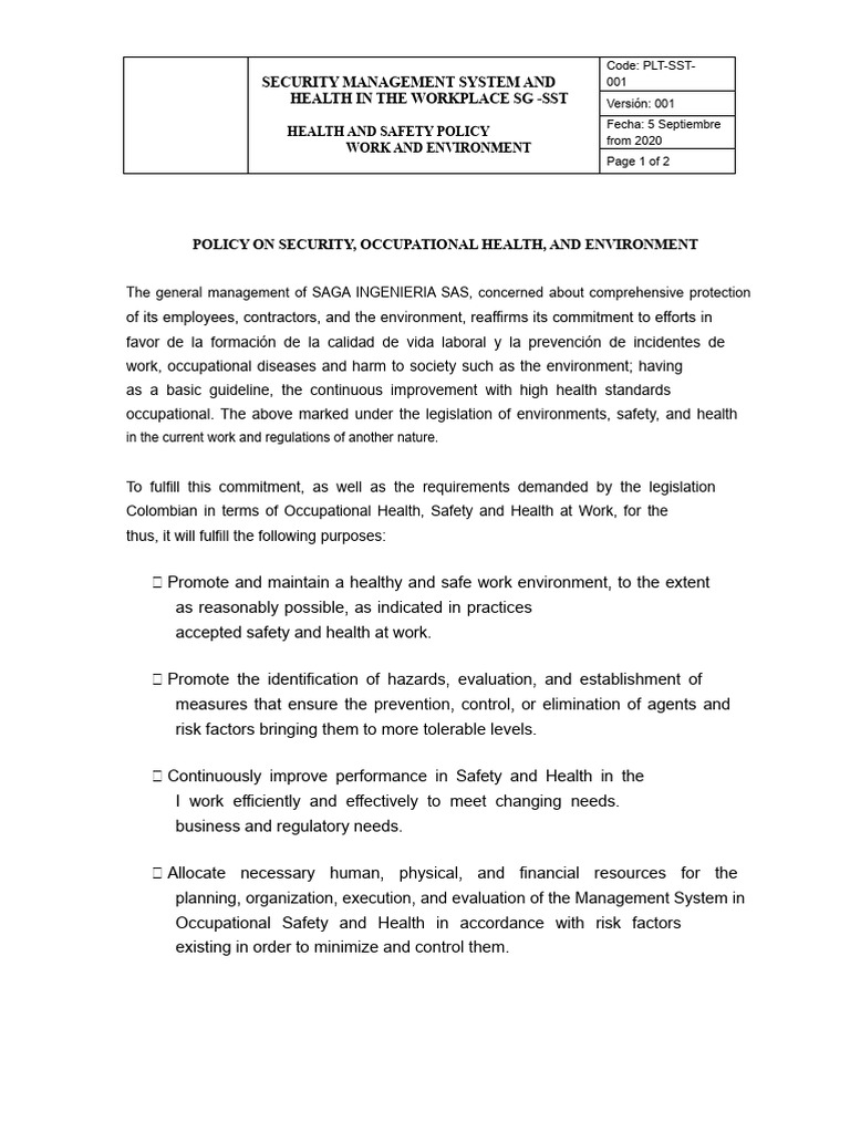 Occupational Health & Safety Policy | PDF | Occupational Safety And ...