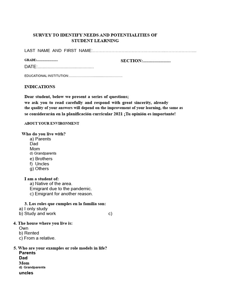 Survey To Identify The Learning Needs and Potential of Students | PDF