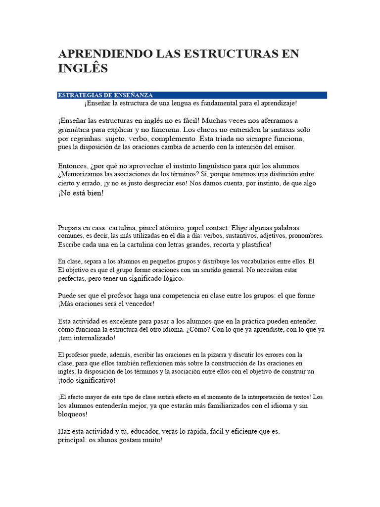 Estrategias para Enseñar Estructuras en Inglés | PDF | Oración ...