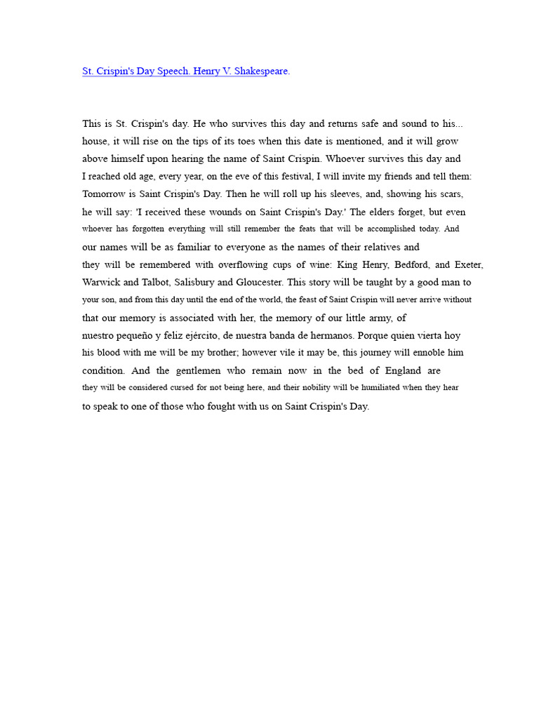 Saint Crispin's Day Speech by Henry V, Shakespeare | PDF