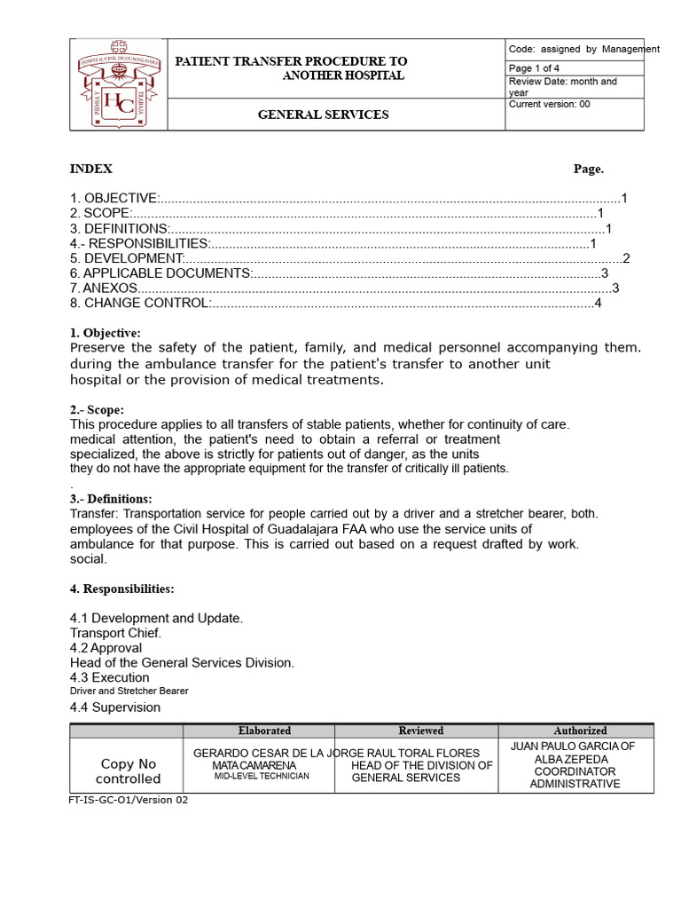 Patient Transfer Procedure To Another Hospital (Completed For Review ...