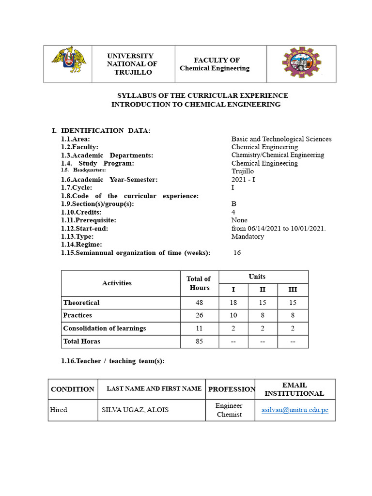 Introduction to Chemical Engineering Syllabus | PDF | Engineering ...
