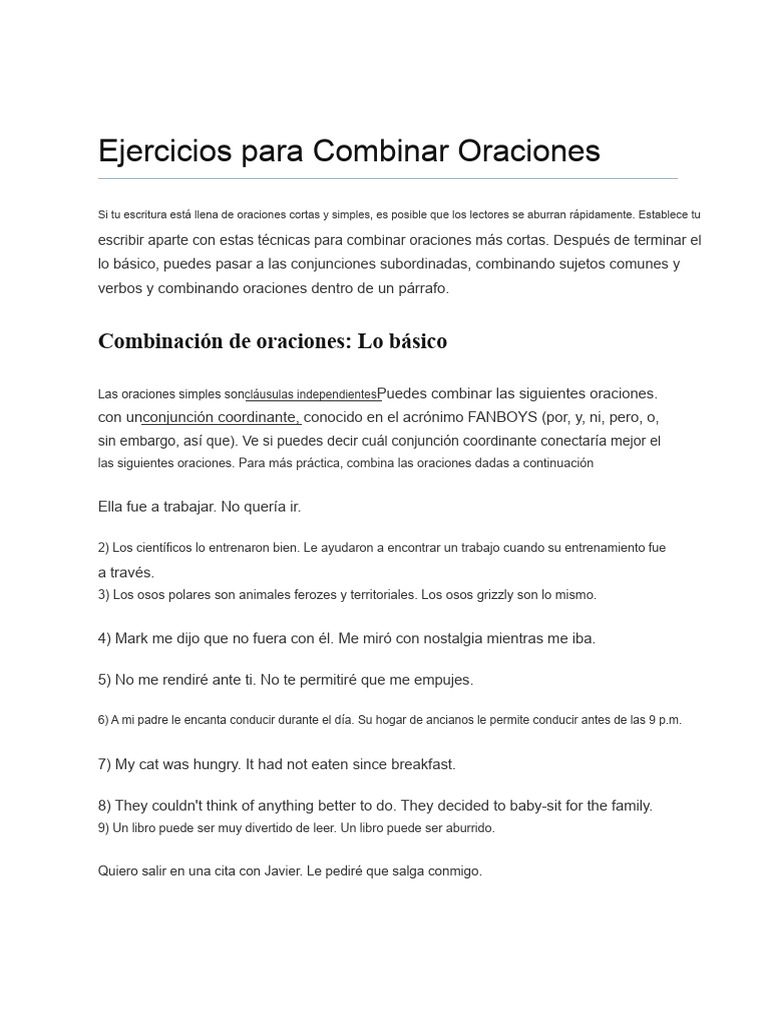 Ejercicios para Combinar Frases | PDF | Oración (Lingüística)
