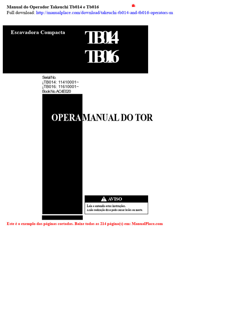 Manual do Operador Takeuchi Tb014 e Tb016 | PDF | Motores | Morte