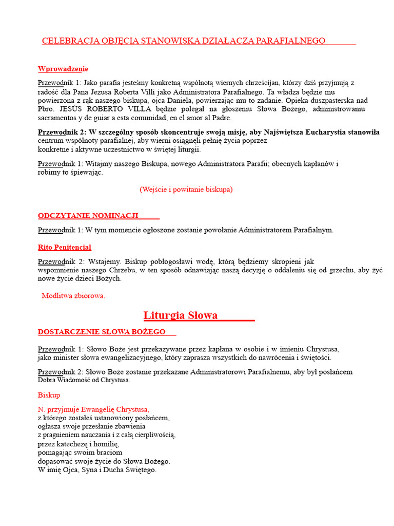 Celebracja Objęcia Stanowiska Przewodniczącego Parafii | PDF