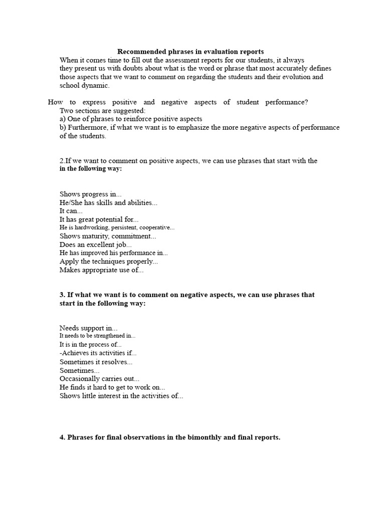 Recommended Phrases in Evaluation Reports | PDF | Learning | Cognitive ...