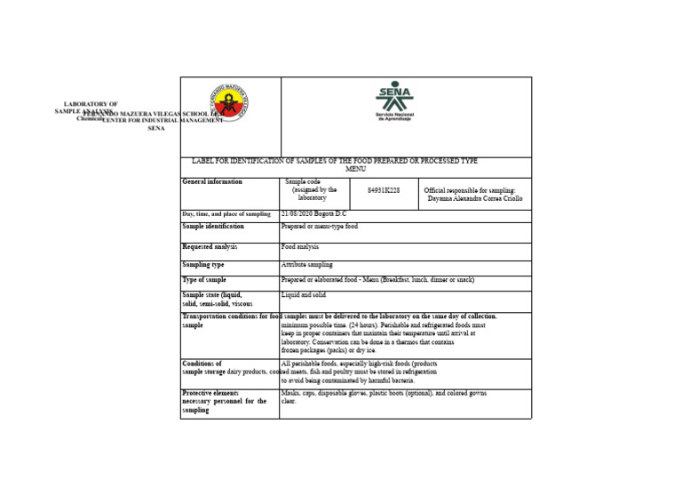 Label For Identification of Samples of Prepared or Cooked Food Menu ...