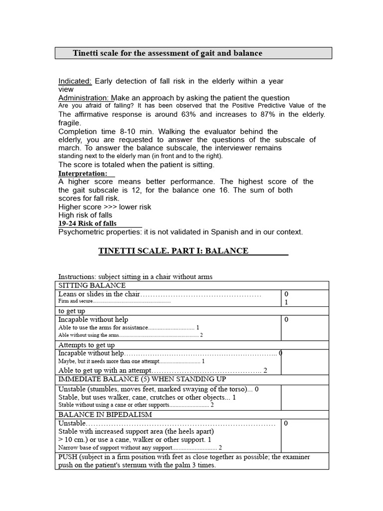 Tinetti Scale - Gait and Balance Scale PDF | PDF | Risk | Foot
