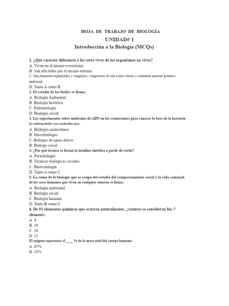 Hoja de Trabajo de Biología | PDF | Biología | Organismos
