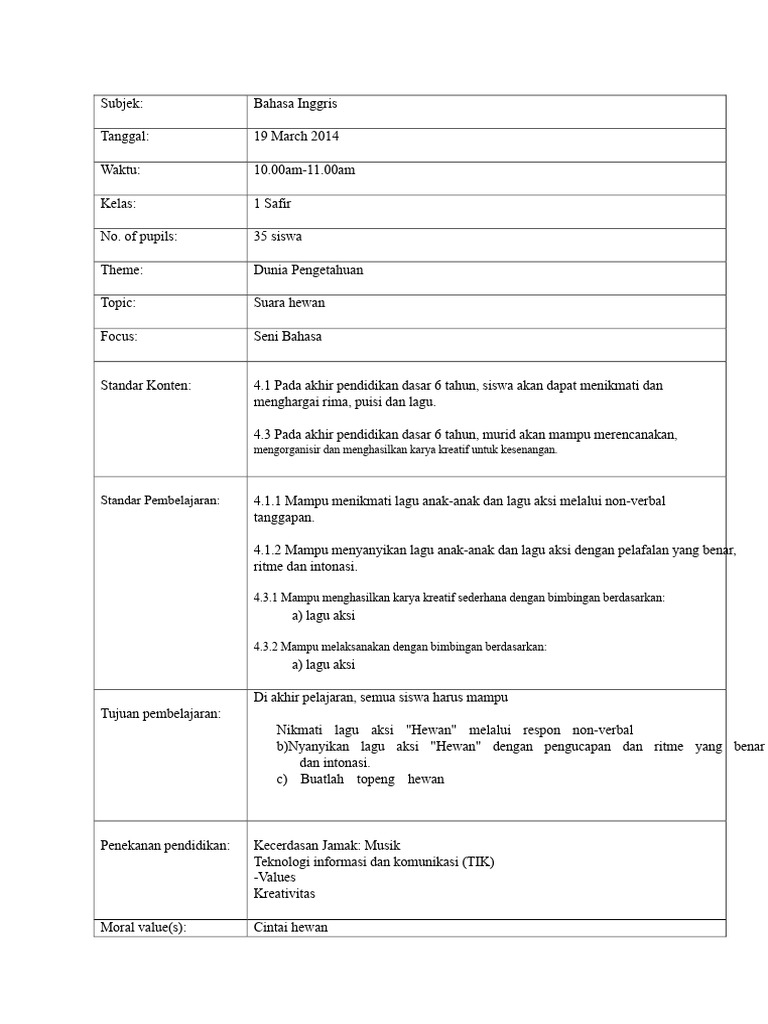 Contoh Rencana Pelajaran Seni Bahasa Lagu Aksi | PDF