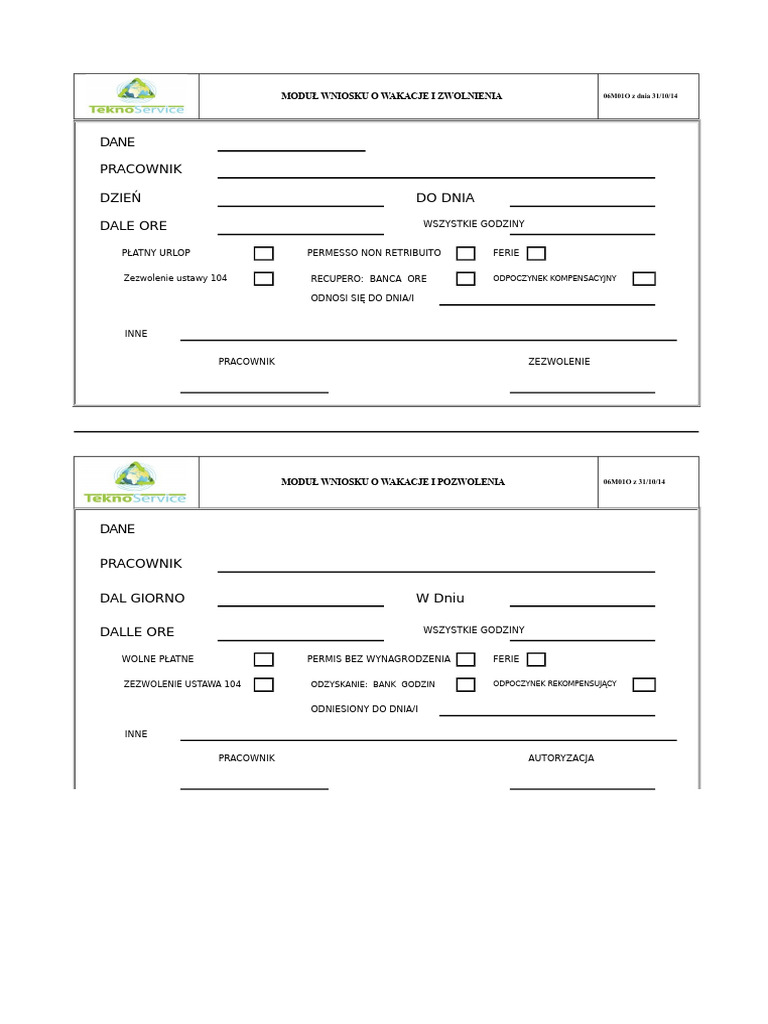 06M01O Moduł Wniosku o Urlop - Zezwolenia | PDF