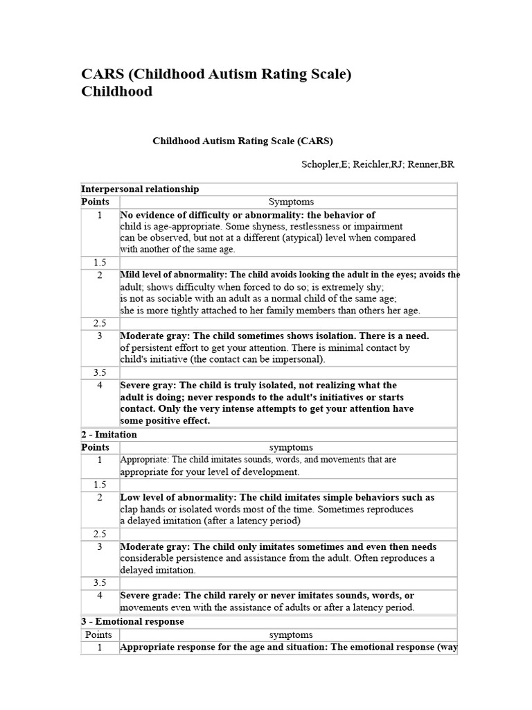 Childhood Autism Rating Scale (CARS) Guide | PDF | Autism | Fear