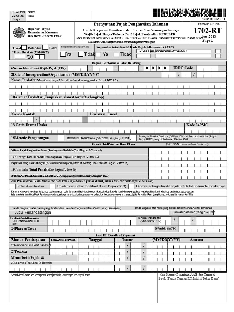 Formulir BIR 1702-RT untuk Pajak Korporasi | PDF