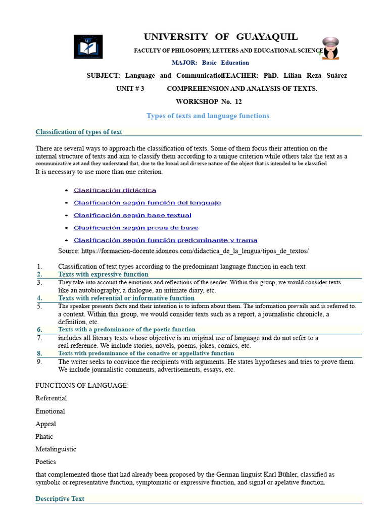 Workshop # 12 Types of Texts and Functions of Language | PDF ...