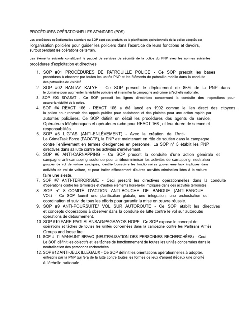 Procédures Opérationnelles Standard PNP | PDF | Police