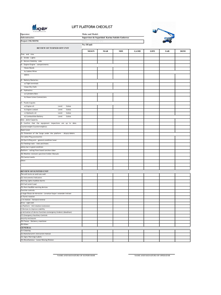 Lift Platform Safety Inspection Checklist | PDF