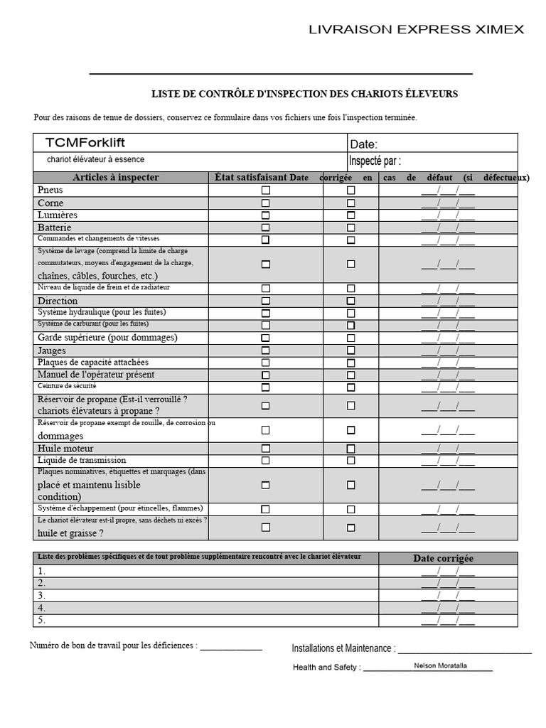 Liste de contrôle chariot élévateur Ximex | PDF | Chariot élévateur ...