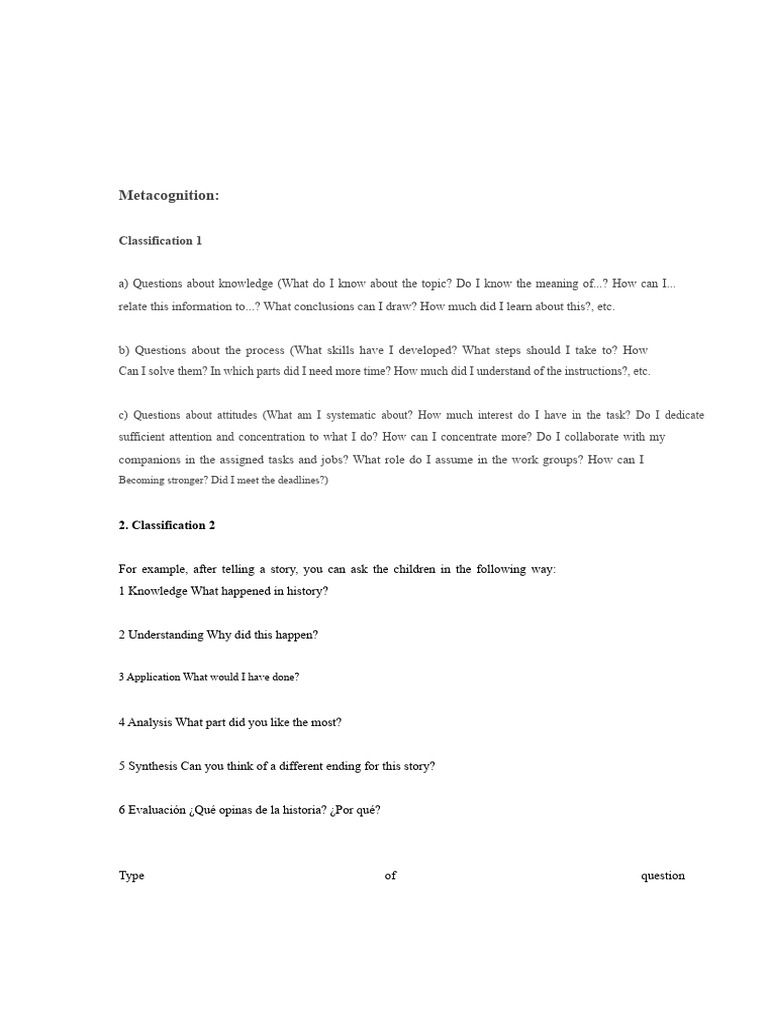 Types of Metacognitive Questions Classification and Examples | PDF ...