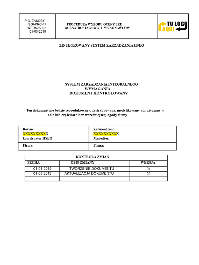 Sgi-Prc-47 Procedura Oceny I Wyboru Dostawców I Wykonawców | PDF