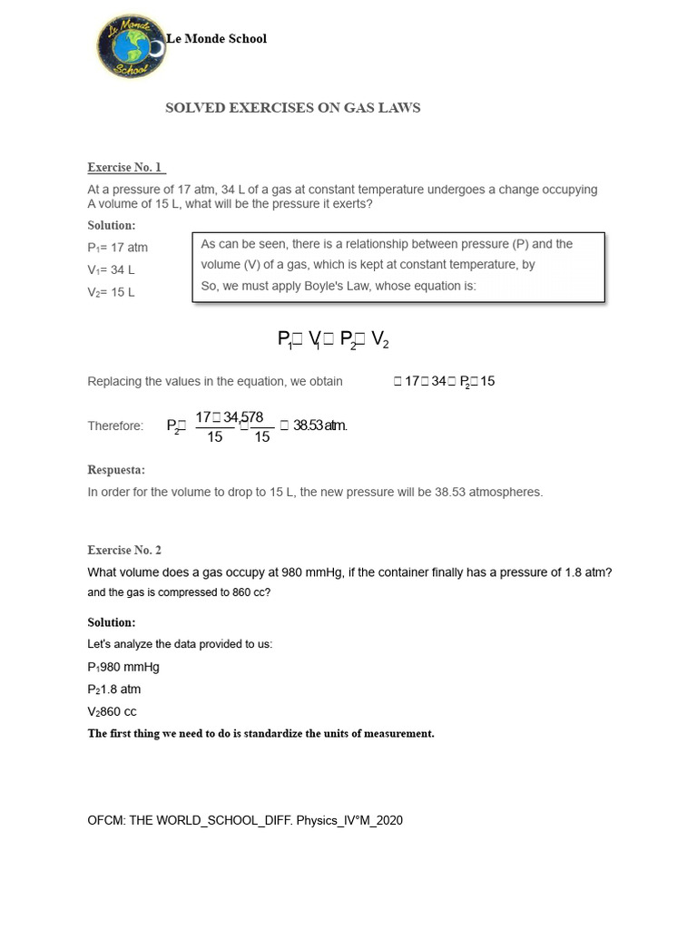 Solved Exercises On Gas Laws | PDF | Gases | Pressure