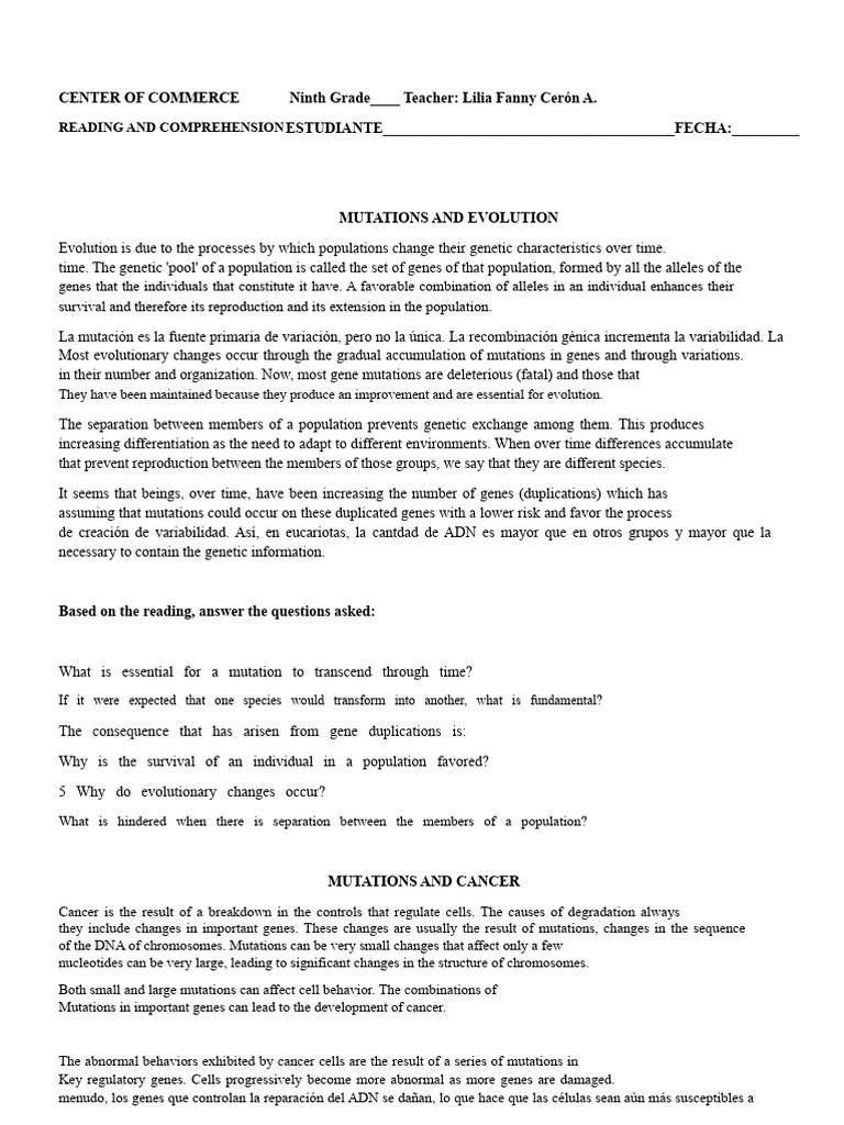READING AND COMPREHENSION NINTH GRADE | PDF | Mutation | Evolution