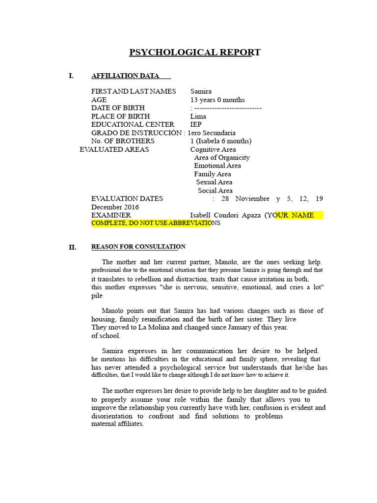 Psychological Report for Adolescent Samira | PDF | Liberal Arts ...