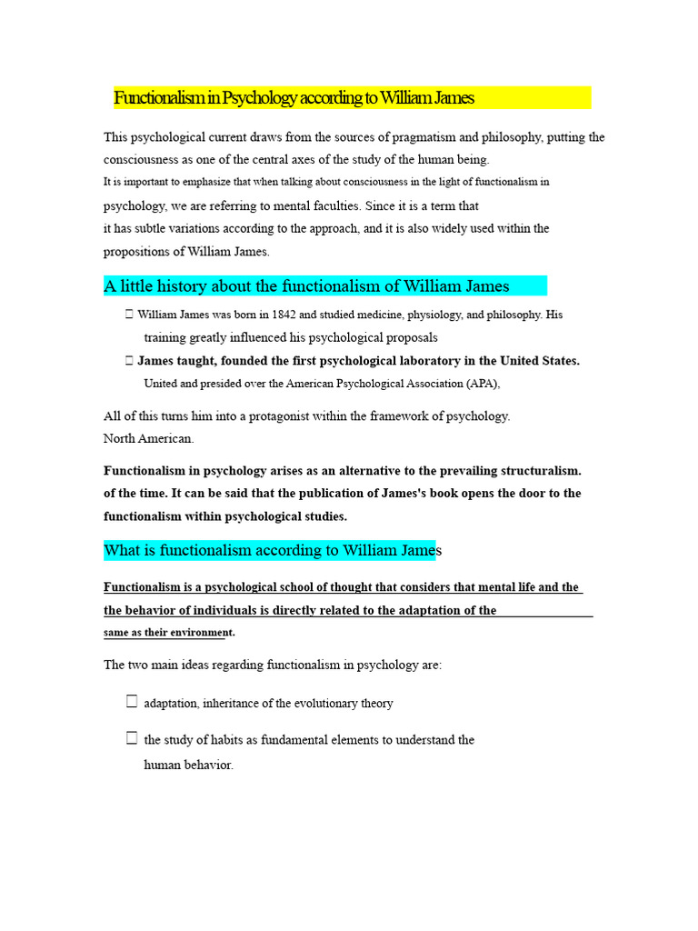 Functionalism in Psychology According To William James | PDF ...