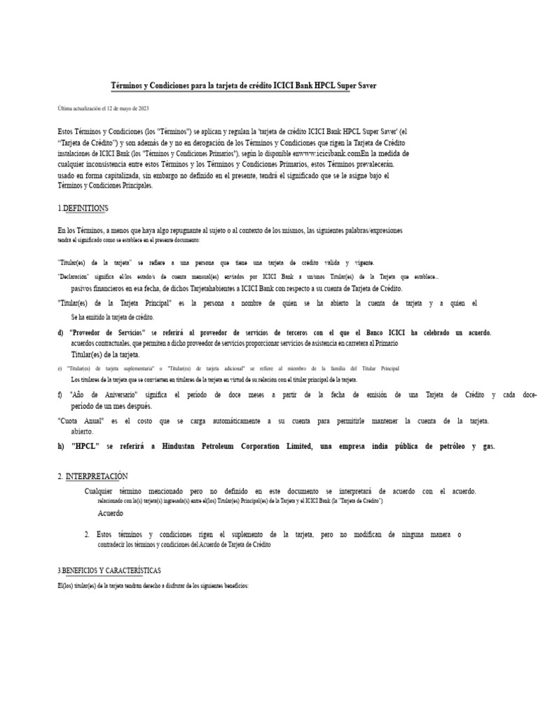 Términos de la Tarjeta ICICI HPCL Super Saver | PDF | Tarjeta de crédito