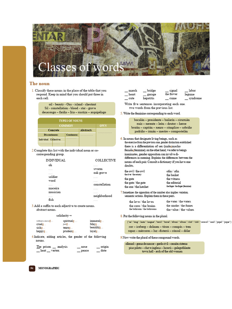 word classes exercises nouns adjectives verbs and more Galician | PDF ...