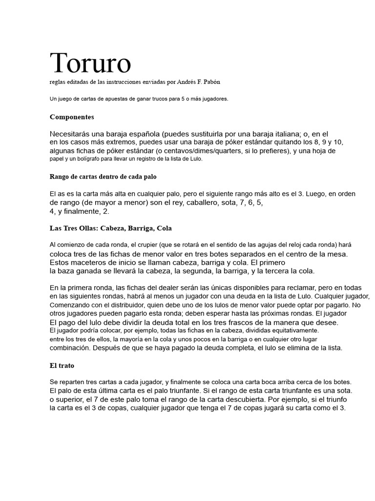 Reglas de Lulo Toruro | PDF | Póker | Jugando a las cartas