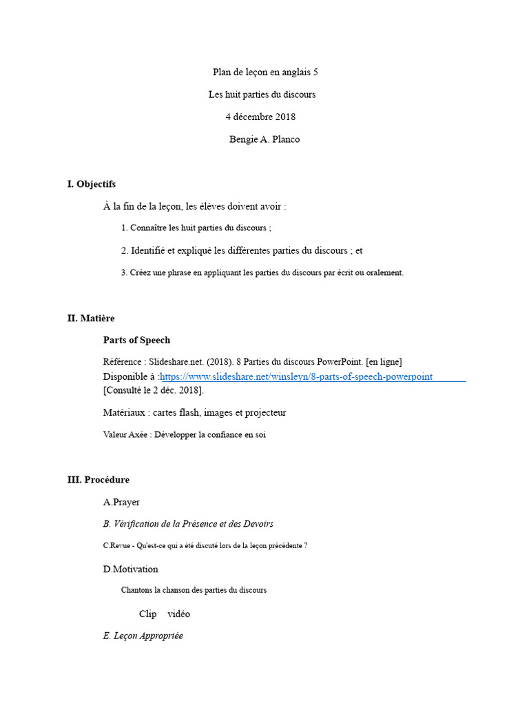 Leçon sur les 8 parties du discours | PDF | Phrase | Pronom