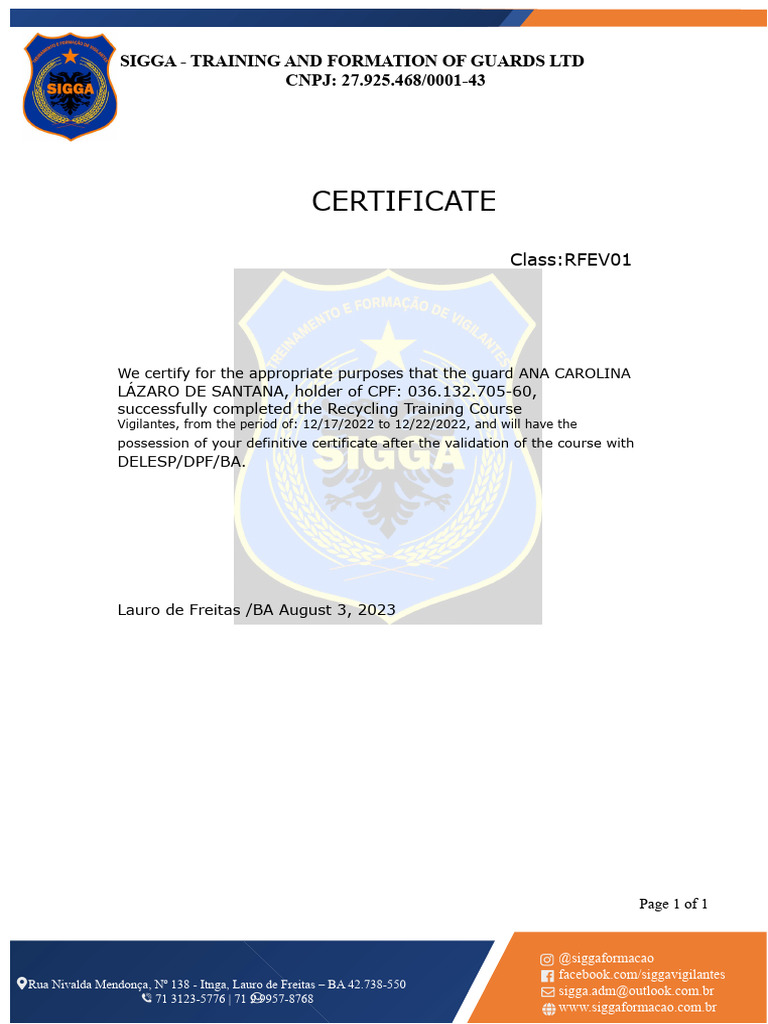 Certificate Model For Security Guard Refresher Course | PDF