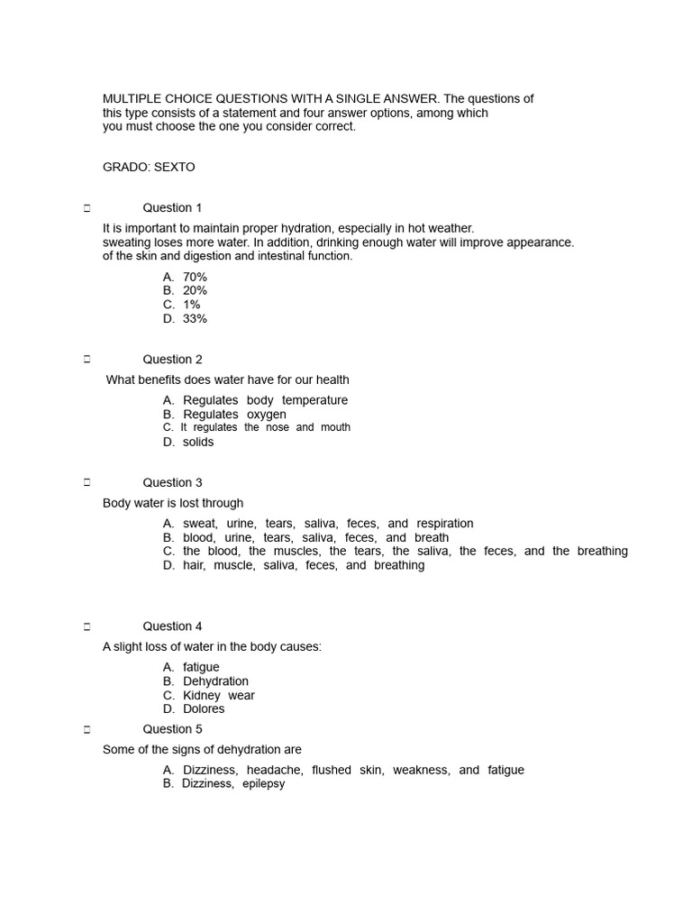 Hydration Quiz for Sixth Graders | PDF | Dehydration | Medical Specialties