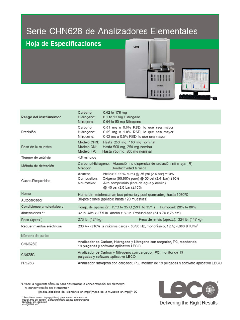 Especificaciones del Analizador CHN 628 | PDF | Oxígeno | Combustión