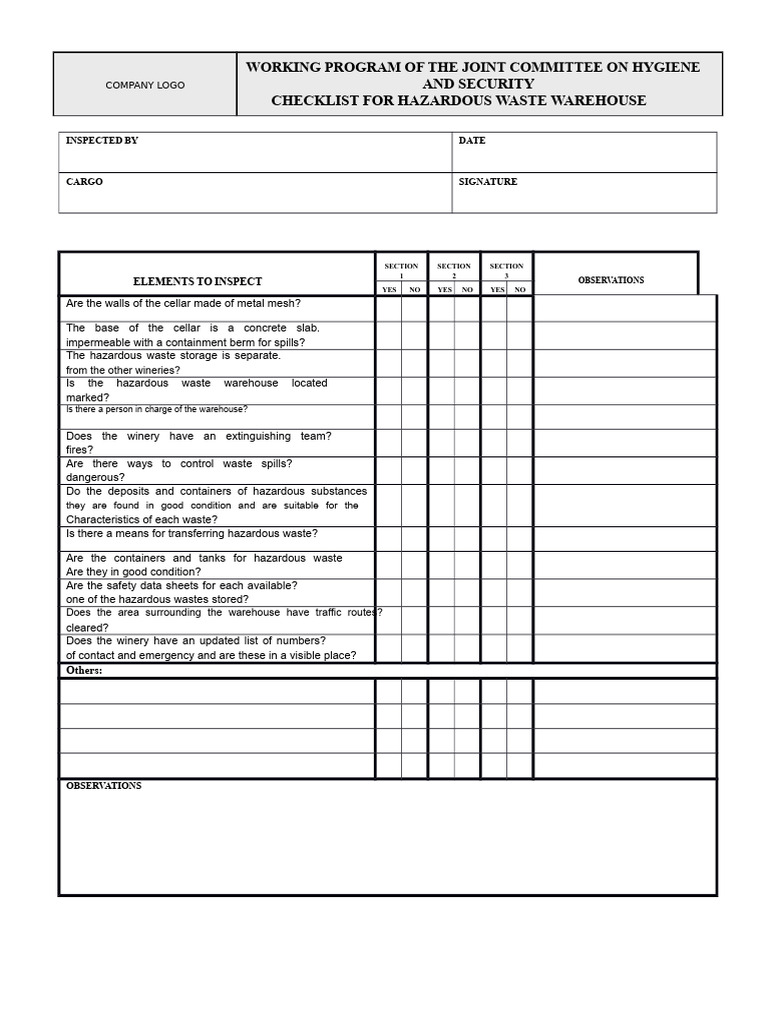 Hazardous Waste Warehouse Checklist | PDF