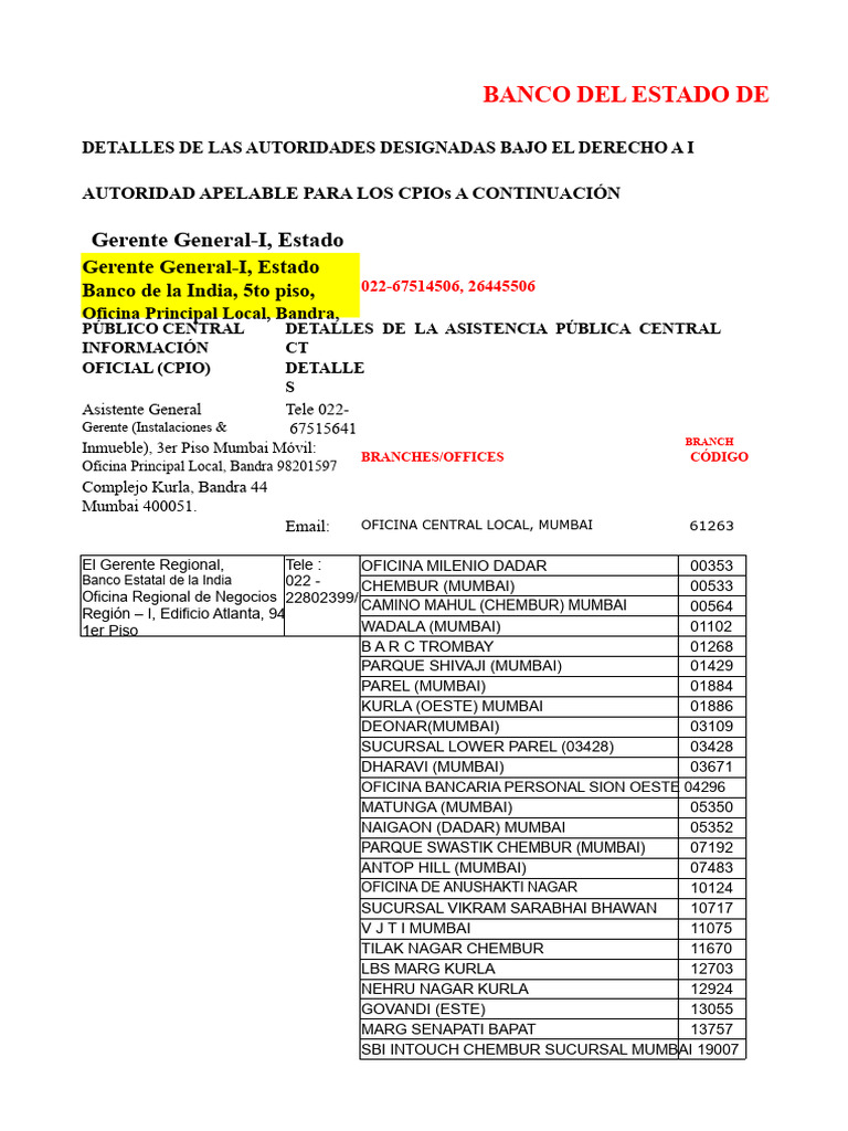Contactos y Oficinas del Banco Estatal de India | PDF | Bancos | Bancario