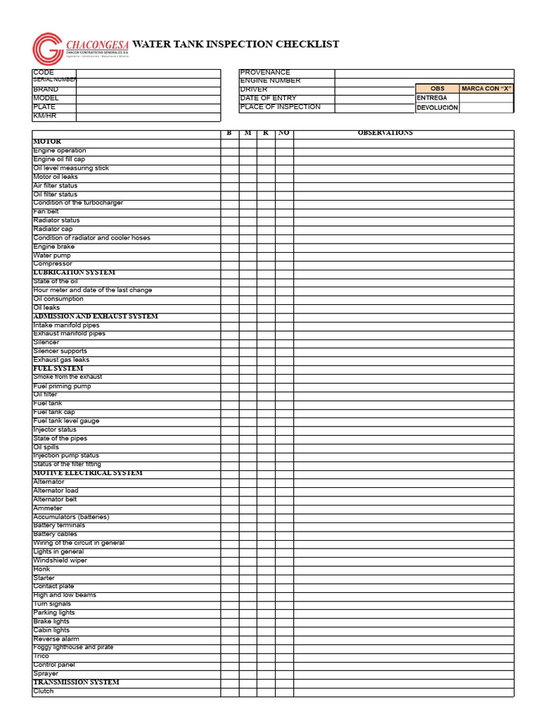 Check List - Water Tank Truck | PDF | Brake | Steering