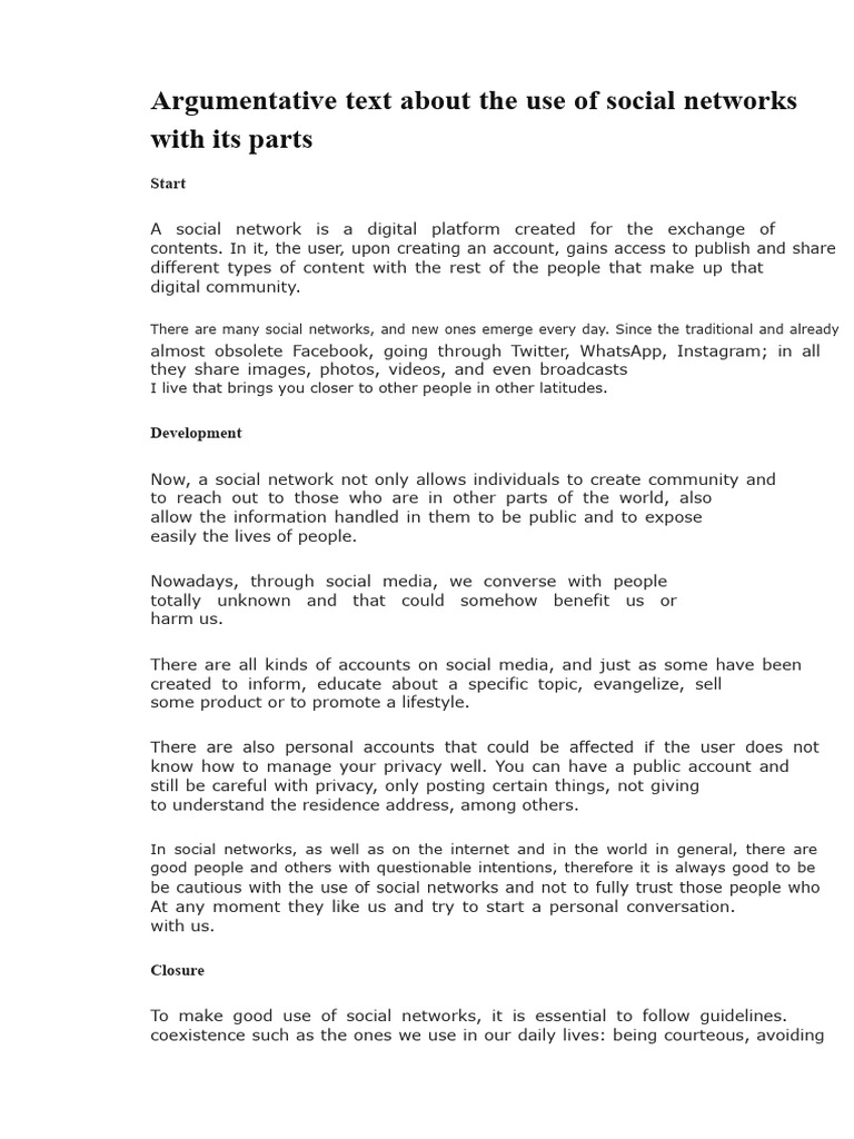 Argumentative Text About The Use of Social Networks With Its Parts ...