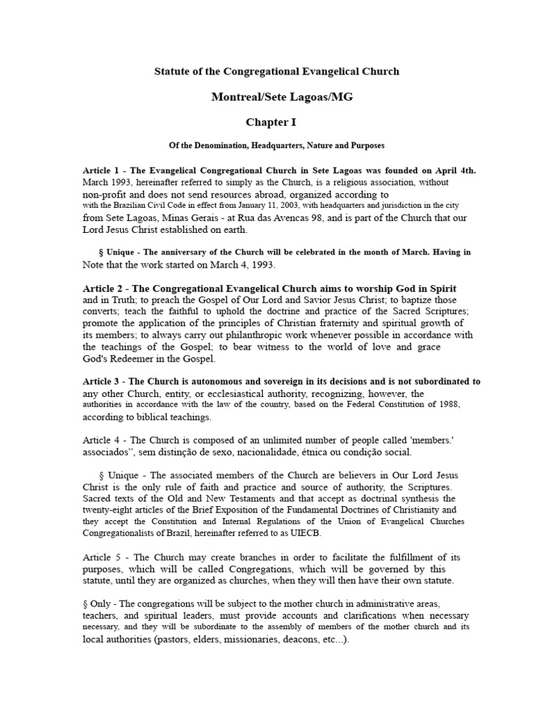 Statute of The Congregational Evangelical Church | PDF | Deacon ...
