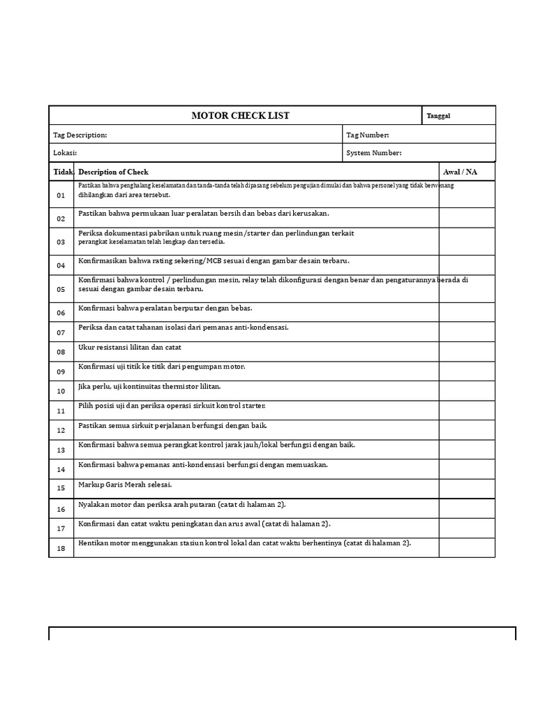 Daftar Periksa Motor untuk Pengujian Keselamatan | PDF