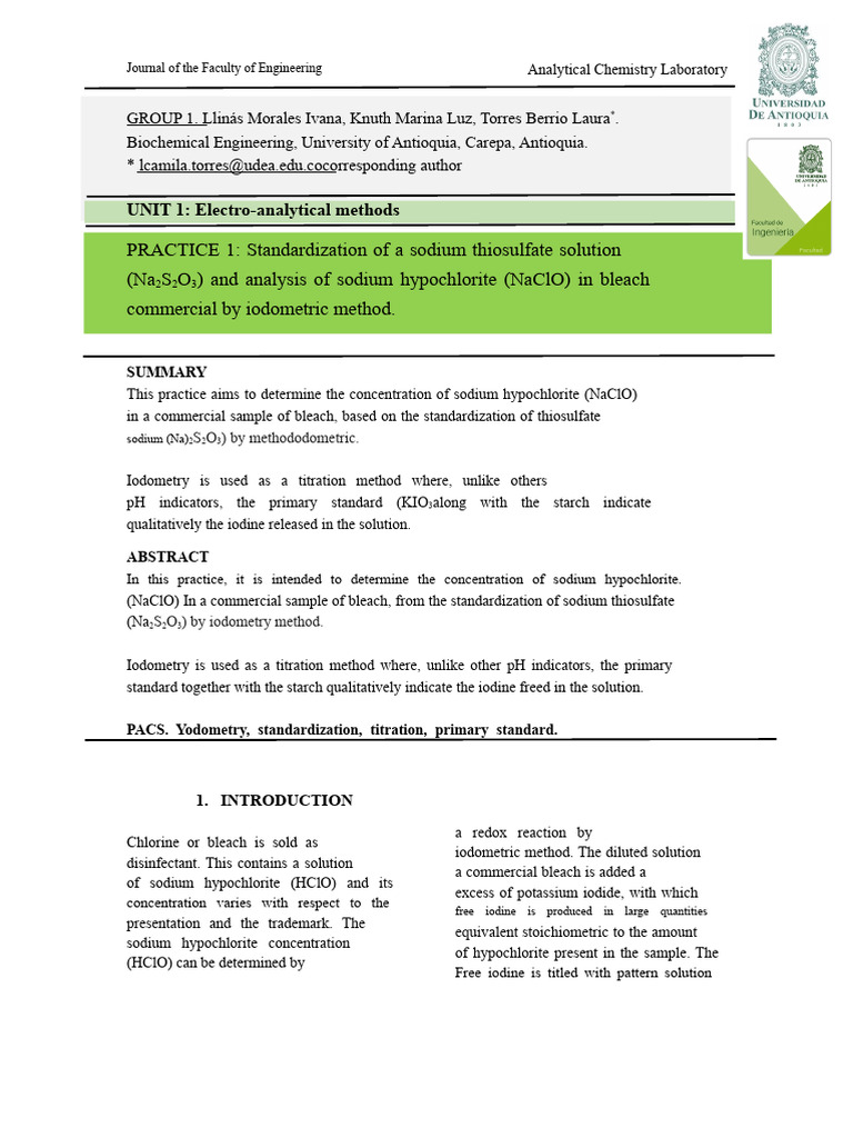 Standardization of a sodium thiosulfate solution and analysis of sodium ...