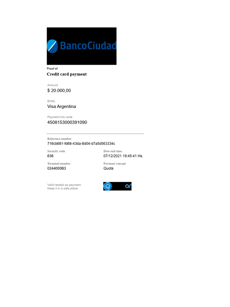 Credit Card Payment Receipt Visa Argentina - 12-07-2021 | PDF