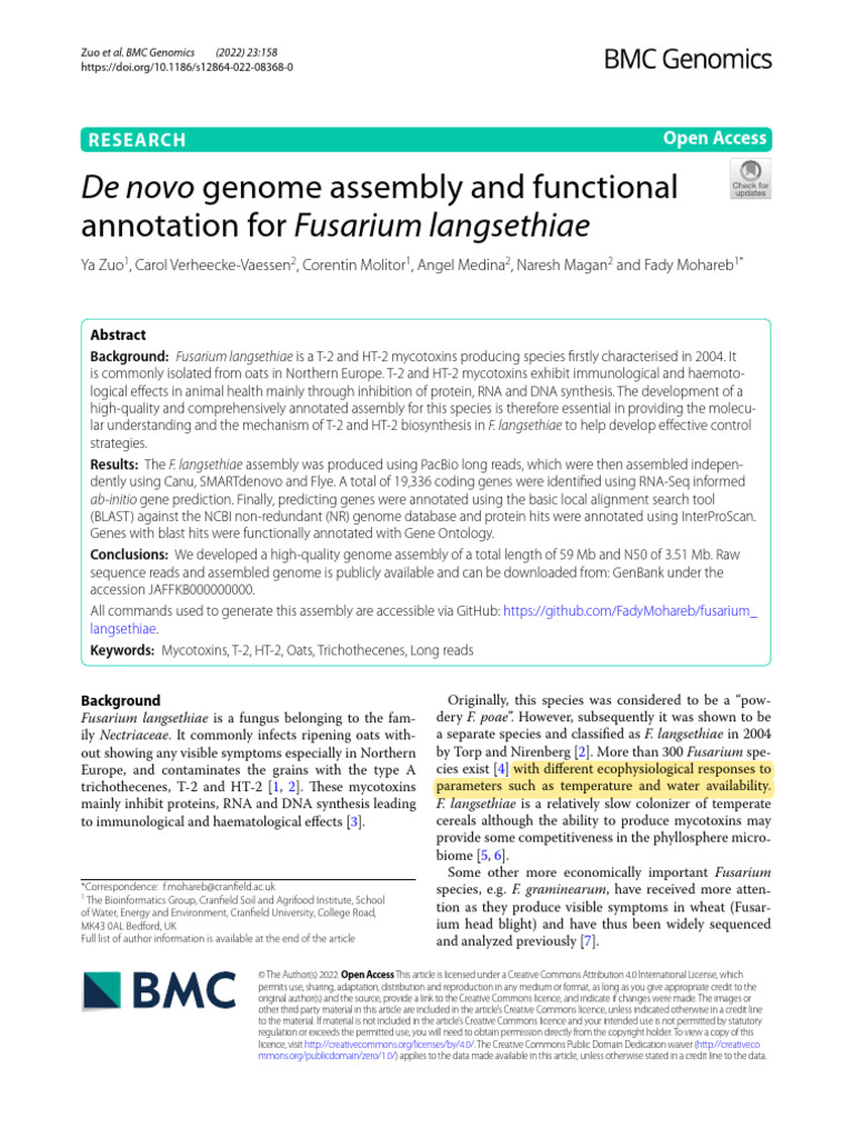 Genome Assembly of Fusarium langsethiae | PDF | Biotechnology ...